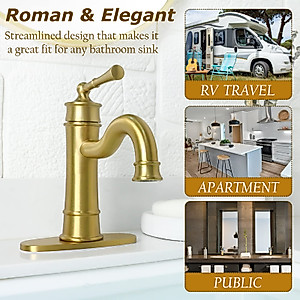 WINKEAR Roman Bathroom Sink Faucet Brushed Gold Single Hole Deck-Mount Pop-up Drain Assembly with Overflow Deck Plate and Water Supply Lines Included