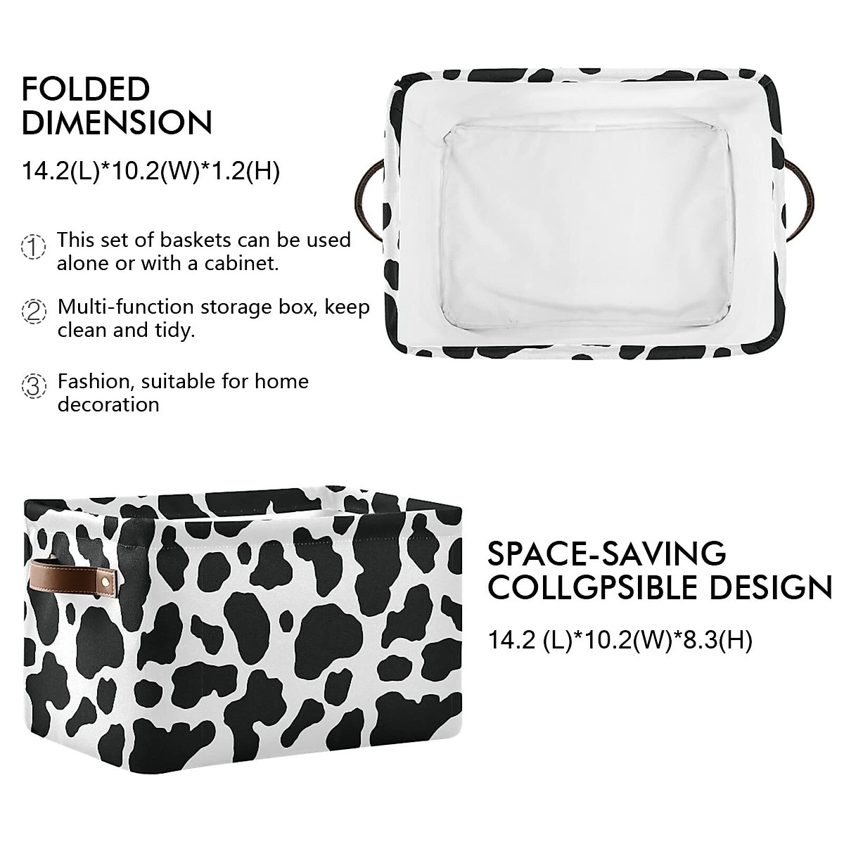 Wusikd Cow Skin Storage Basket Set of 1 Large Fabric Black and White Storage Basket Bins Box Cube with Handles Collapsible Closet Shelf Clothes Organizer Basket for Nursery Bedroom