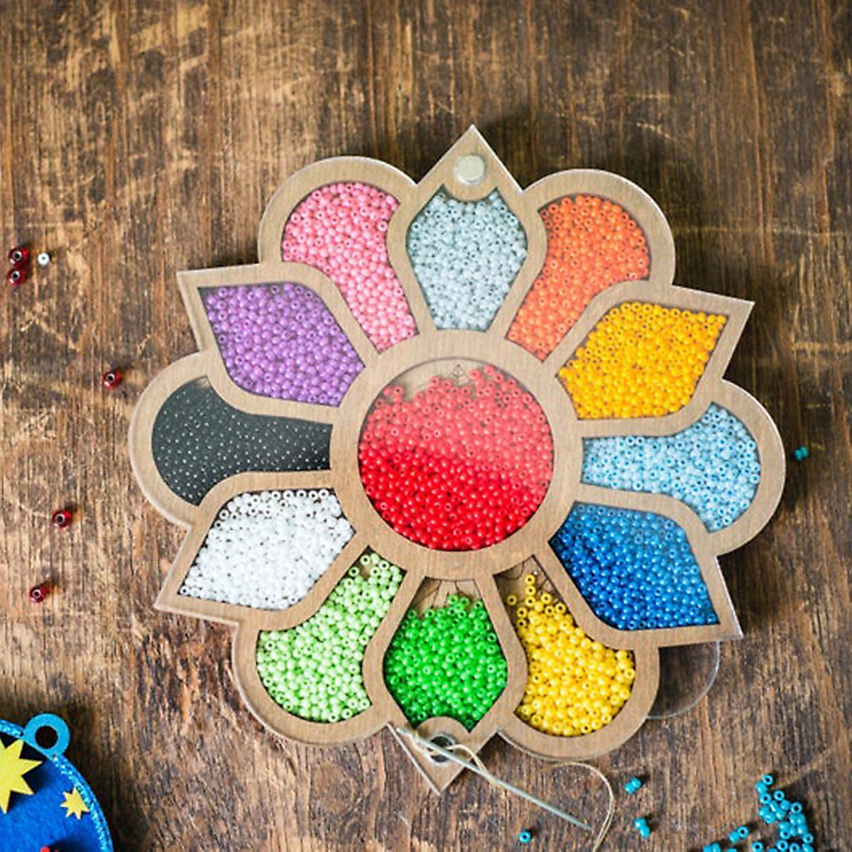 Lonjew Bead Container Wood Flower with Needle Magnet for Supply Storage, Bead Tray Organizer, Box with Lid, Art Supply Storage, Jewelry Making Gift, Transparent Magnet Lid and Needle Holder