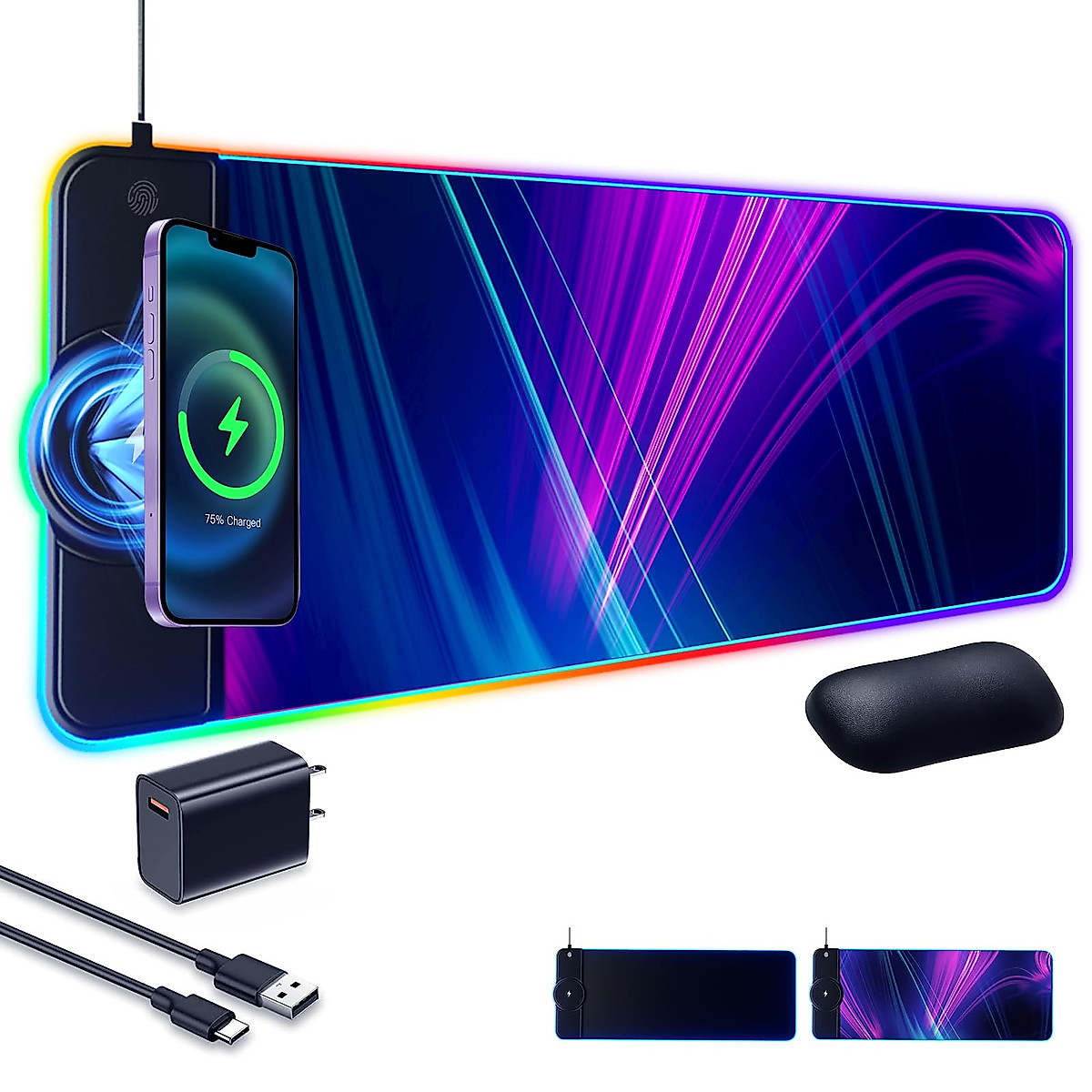 WQBZSYY Gaming Mouse Pad 15W Wireless Charging RGB,LED Large Ergonomic Mousepad Gaming with Wrist Support,31.88" 12.2" Desk mat/Keyboard pad (Colorful(18W Charger Included))