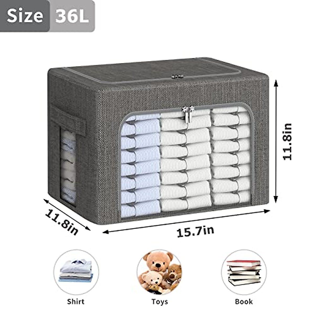 2 Pack Clothes Storage Bins - Foldable Metal Frame Storage Box with Mesh Windows - Stackable Linen Fabric Organizer Set with Carrying Handles