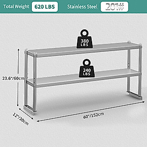 YITAHOME 60" x 12" Stainless Steel Overshelf, 2 Tier Overshelf with Hook, Adjustable Commercial Double Overshelf for Kitchen Prep Table Restaurant and Workshop