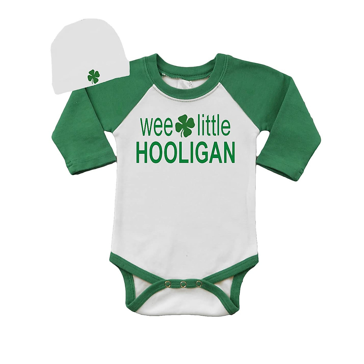 St. Patrick's Day Long Sleeve Raglan Bodysuit and Cap Set-Wee Little Hooligan (6-12m, White/Kelly Green)