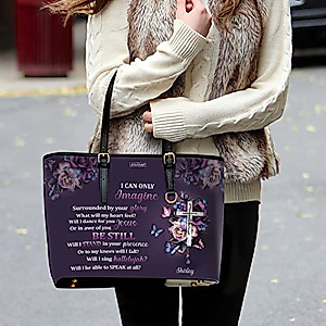 Jesuspirit Inspirational Christian Scripture Faith Woman Gifts - Personalized Religious Gift For Church Ladies - I Can Only Imagine Customized Spiritual Large Leather Tote Bag With Zipper For Women