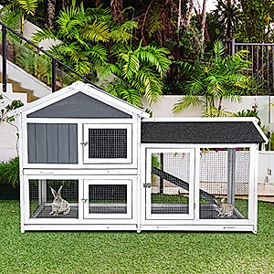 Lifeand Rabbit Hutch Chicken Coops Bunny Cage with Pull Out Tray, Ramp, Lockable Doors,Two Run Cage Outdoor Wooden Small Animal House,Gray