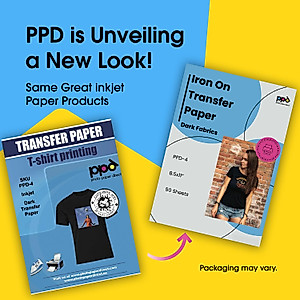 PPD Inkjet Premium Iron-On Dark T Shirt Transfers Paper LTR 8.5x11" Pack of 50 Sheets (PPD004-50)