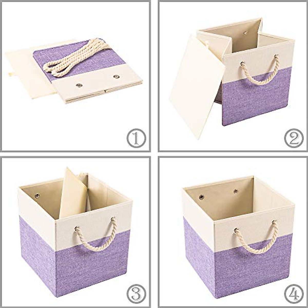 PRANDOM Large Foldable Cube Storage Bins 13x13 inch [4-Pack] Fabric Linen Storage Baskets Cubes Drawer with Cotton Handles Organizer for Shelves Nursery Closet Bedroom Purple