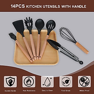 Bayobid silicon kichen utensil set, 27 pieces cooking utensil set, wooden handle non-toxic BPA free kitchn gudget, black silicone kitchen utensils set with high degree of heat resistant with holder.