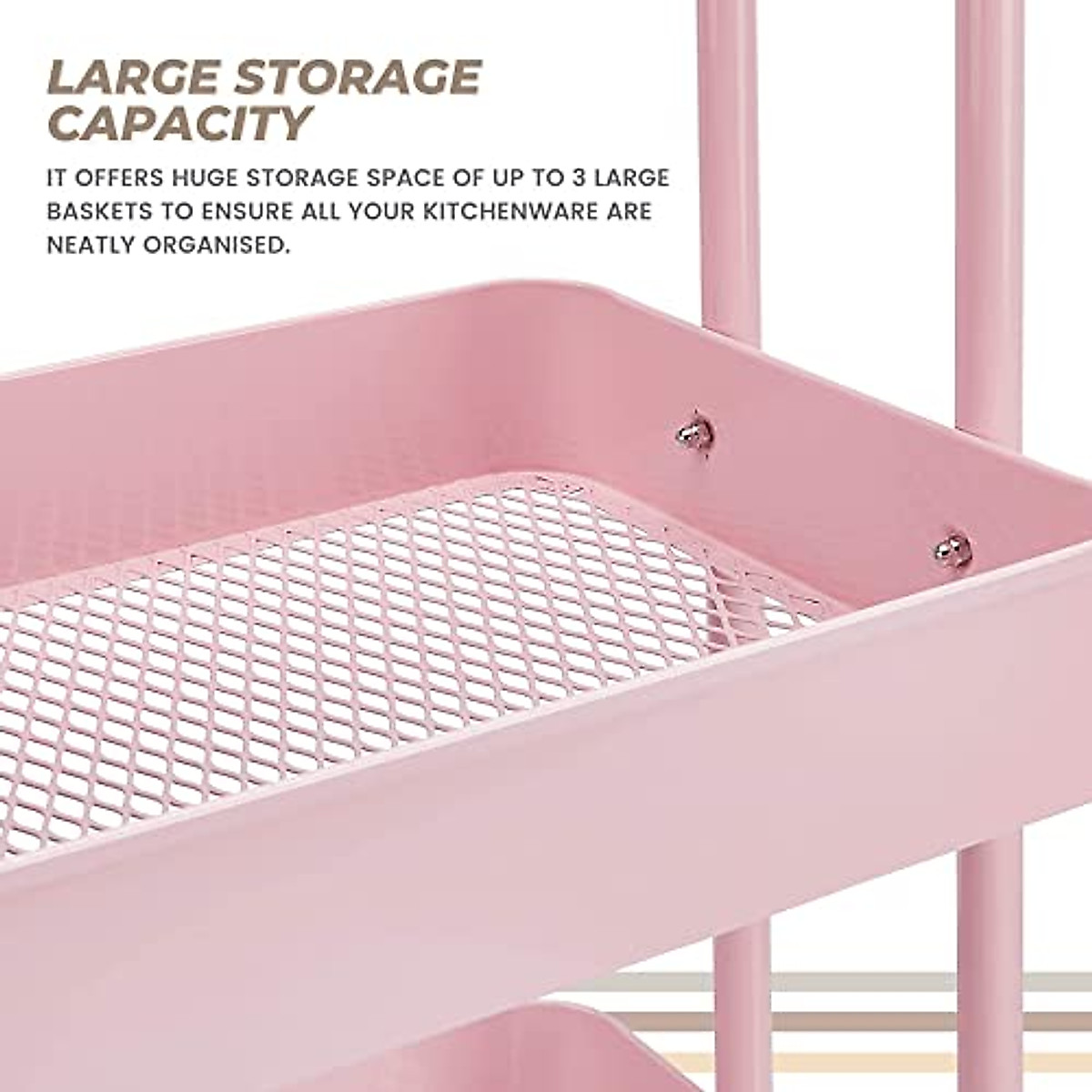 EKKIO Kitchen Trolley Cart, 25 lbs Max Load Per Basket, Utility Carts with Wheels Heavy Duty, with Lockable Casters, Easy to Assemble, Suitable for Office, Kitchen, Bedroom and Garden