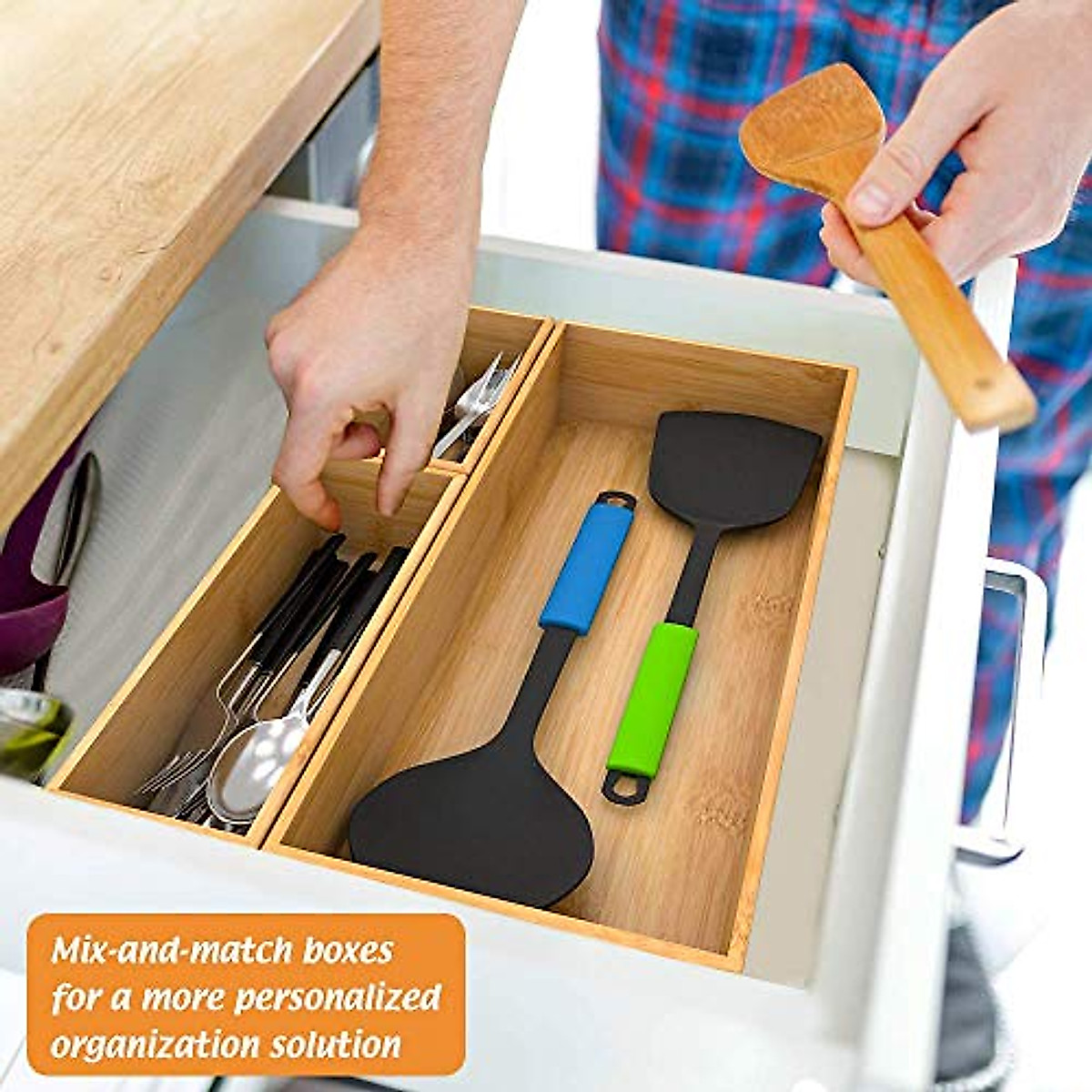 Bamboo Kitchen Drawer Organizer, Wooden Storage Box for Utensil Organizer Silverware Tray Cutlery Holder Flatware Containers - Multi-Use Deep Drawer Dividers Organizer for Bathroom, Jewelry,  9"3"2.5"
