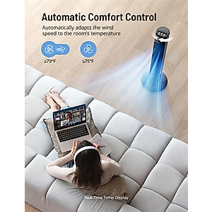 Mirdred Tower Fan with Remote, 36” Bladeless Fan, 70° Oscillating Fan for Bedroom, 3 Speeds, 3 Modes, 12H Timer, LED Display, Quiet Cooling Standing Floor Fans for Home Living Room Office, Black