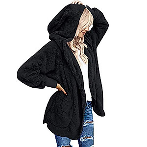 LookbookStore Lightweight Cardigan Women Faux Shearling Oversized Coat Shaggy Fuzzy Fleece Open Front Hooded Cardigan Black Fleece Jacket 2024 Winter Coats for Women Size L Size 12 14