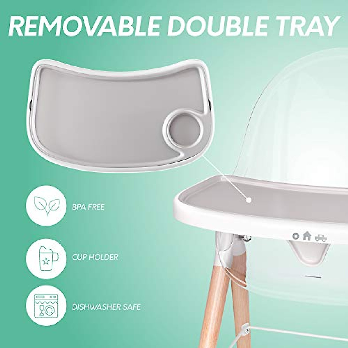 Children of Design 6 in 1 Deluxe Wooden High Chair for Babies & Toddlers, Modern Safe & Compact Baby Highchair, Easy to Clean, Removable Tray, Easy to Assemble, 6 Options 3 Seat Positions 2 Heights