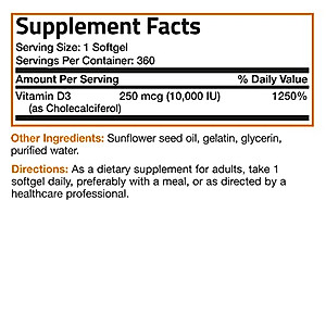 Bronson Vitamin D3 10,000 IU (250 mcg) High Potency - Supports Healthy Immune System, Strong Bones, Muscles & Teeth - Non GMO, 360 Softgels (1 Year Supply)