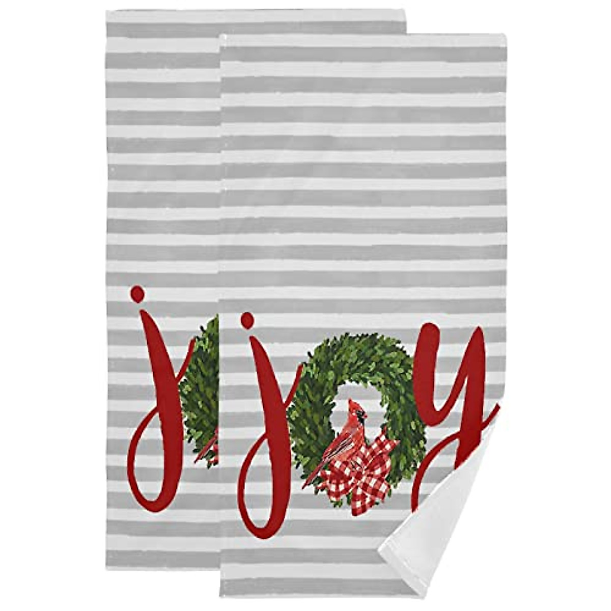 Christmas Wreath Joy to World Hand Bath Towel Winter Cardinal Birds Kitchen Bathroom Faucet Towel White Gray Stripe Fingertip Towel Set Highly Absorbent Guest Shower Towels 16x30 Holiday Decorations