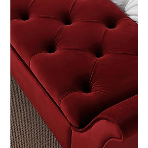 RXRRXY Velvet Storage Bench for Bedroom,Eed of Bed Bench with Ottoman, Button Tufted King Size Upholstered Benches with Armrest and 4 Sturdy Wooden Legs for Entryway, Living Room (Red)