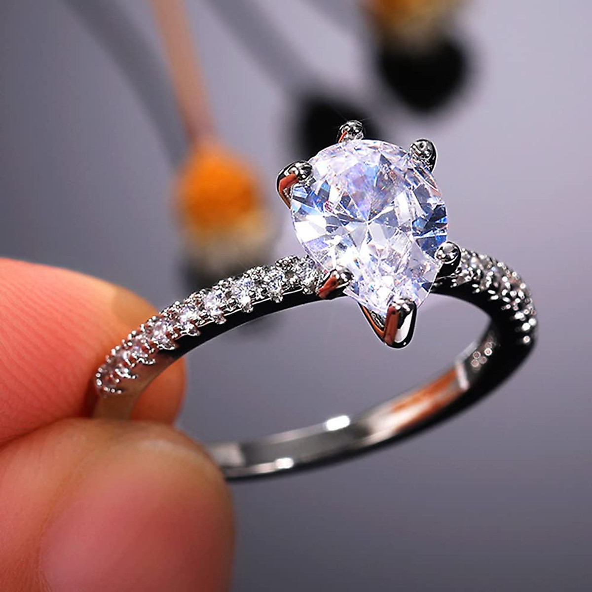 Koguxuix 2 Carats Teardrop Pear Cut Cubic Zirconia CZ Cryatal Rhodium Plated Sterling Silver for Women Solitaire Wedding Engagement Ring (8)