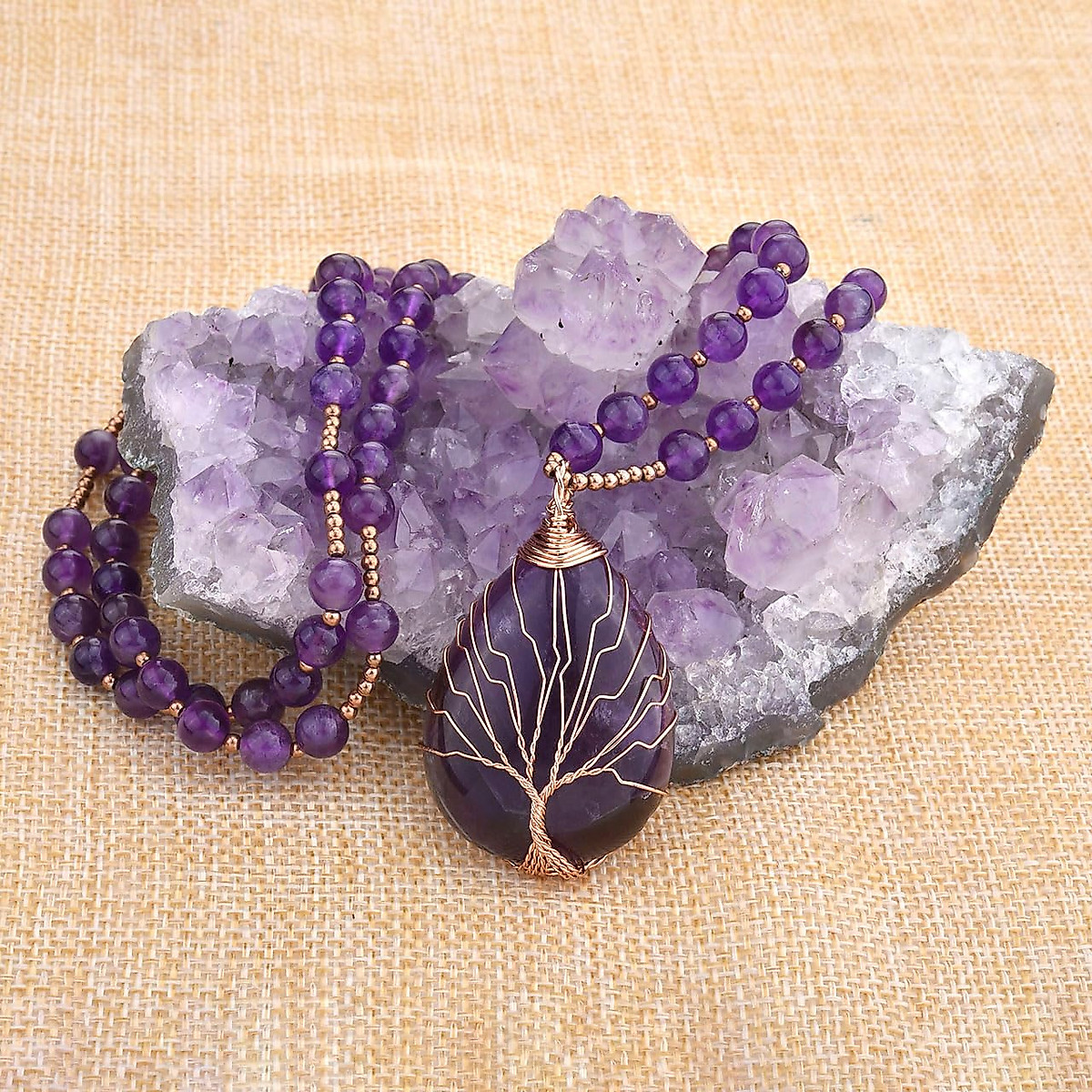Top Plaza Healing Crystal Amethyst Necklace Natural Stone Beads Tree Life Wire Wrapped Teardrop Gemstone Pendant Jewelry for Women for Mom