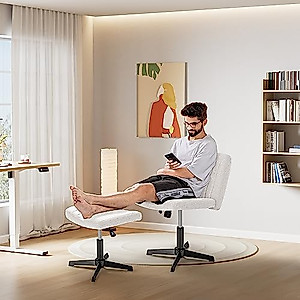 Flamaker Desk Chair No Wheels Arms, Armless Office Chair with Ottoman, Cross Legged Wide Fabric Padded Home Office Chair Task Chair for Living Room (Beige)