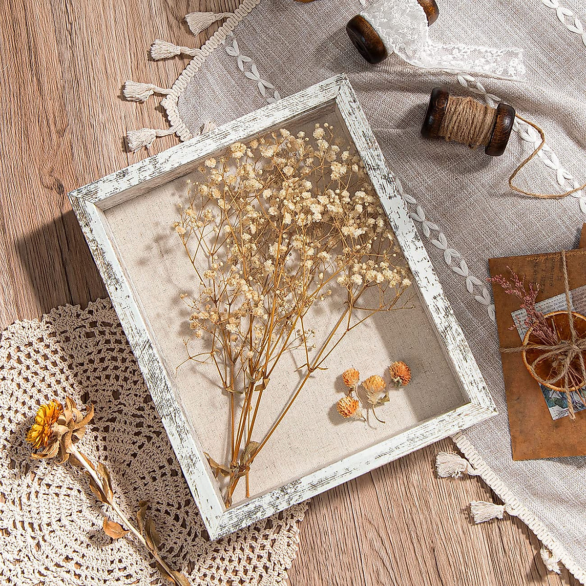 Califortree 8x10 Shadow Box Frame with Linen Back - Real Glass, Push Pins Included, Sturdy Rustic Memory Display Case, Distressed White