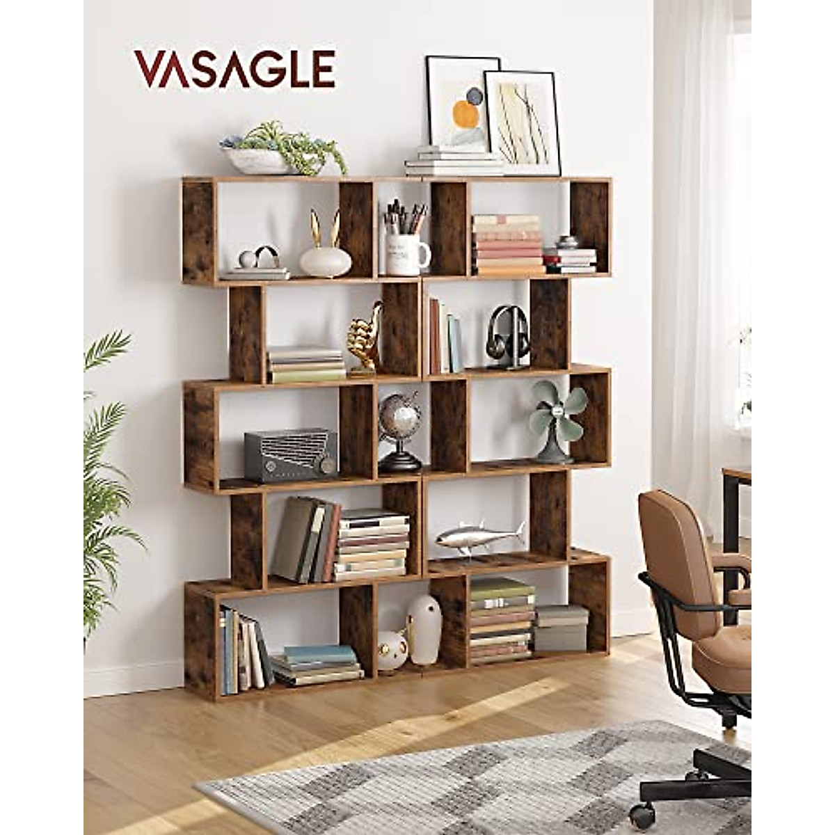 VASAGLE Bookcase, 5-Tier Bookshelf, Display Shelf and Room Divider, Freestanding Decorative Storage Shelving, Rustic Brown ULBC62BX