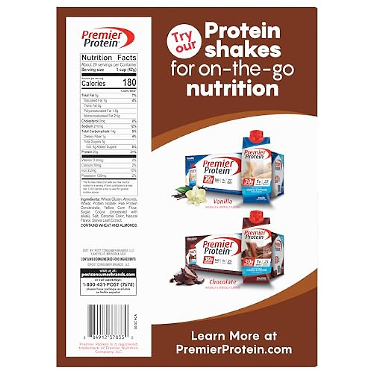 Post Premier Protein Chocolate Almond Cereal, Chocolatey Protein Cereal Flakes with Sliced Almonds, Contains 20g of Protein Per Serving, 30 OZ Box