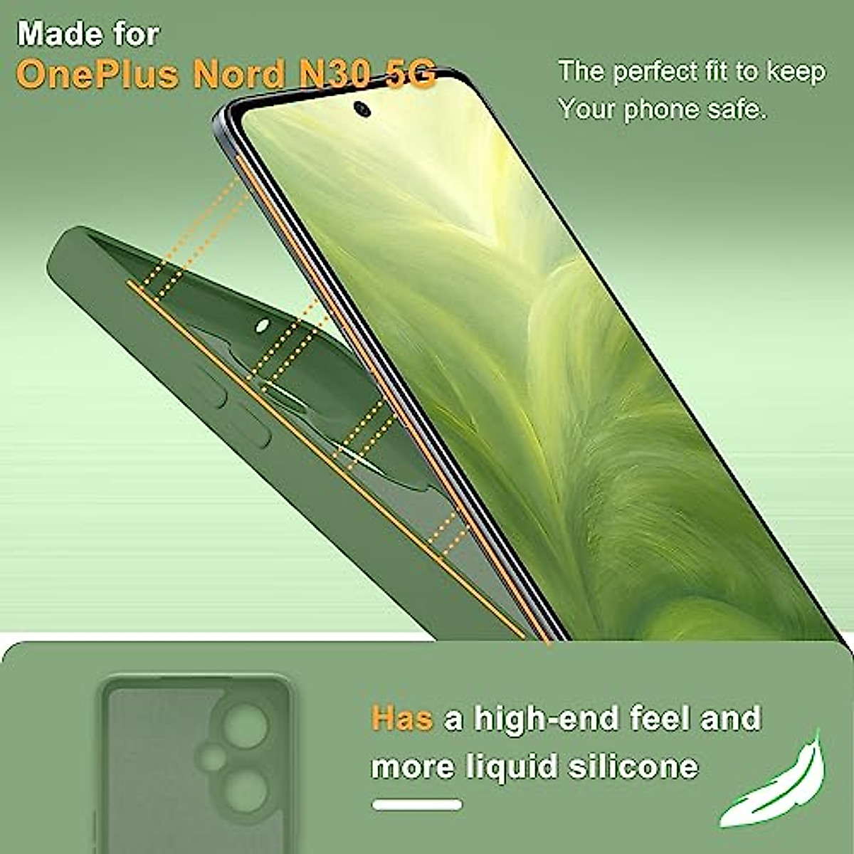 YENAPOON for OnePlus Nord N30 5G Case and 1 Pack Tempered Glass Screen Protector, Slim Liquid Silicone Shockproof Protective Case - Mint Green