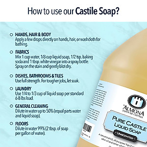 La Almona - Pure Castile Liquid Soap, UNSCENTED, 1 Gallon - Multipurpose: Hands, Face, Body, Laundry, Dishes & More - For Sensitive Skin, All-Natural Ingredients, Fragrance Free
