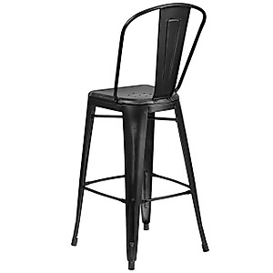 EMMA + OLIVER 4 Pack 30" High Distressed Black Metal Indoor-Outdoor Barstool with Back