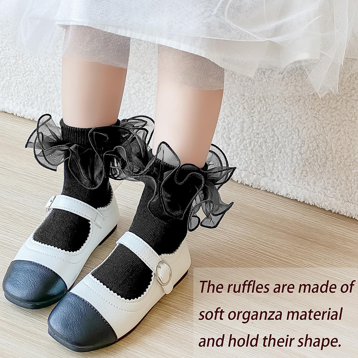 Mini angel Girls Ruffle Socks Frilly Double Lace Socks Cotton Turn Cuff Socks 6-8 Years Pageant Socks for Kids Girls 3 Pairs (Black Set, L)