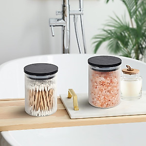 Ribbed Glass Qtip Holder Dispenser Bathroom Jars with Bamboo Lids, Cotton Ball Pad Round Swab Holder for Bathroom Accessories Storage Organizer,Farmhouse Bathroom Decor, Home Decor. (2pcs)