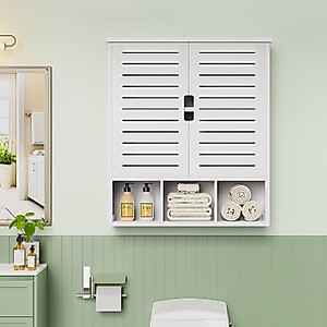 BAMBOOHOMIE Bathroom Wall Cabinet, Bamboo Medicine Cabinet Wall Mounted with 2 Doors & Adjustable Shelf, Over The Toilet Storage Cabinet for Bathroom Laundry Room Kitchen (White)