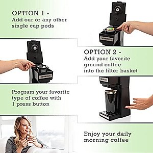 Mixpresso Coffee Maker Single Serve For Ground Coffee & Compatible With K Cup Pods, With 14oz Travel Mug & Reusable Filter For Home, Office & Camping.