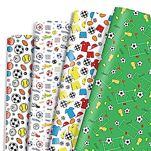 Dtiafu Flat Wrapping Paper Sheet - 4 Style Soccer Birthday Wrapping Paper for Boys Kids Men - Fun Sport Gift Wrap - 20 X 28 Inch Per Sheet(8 Sheet)