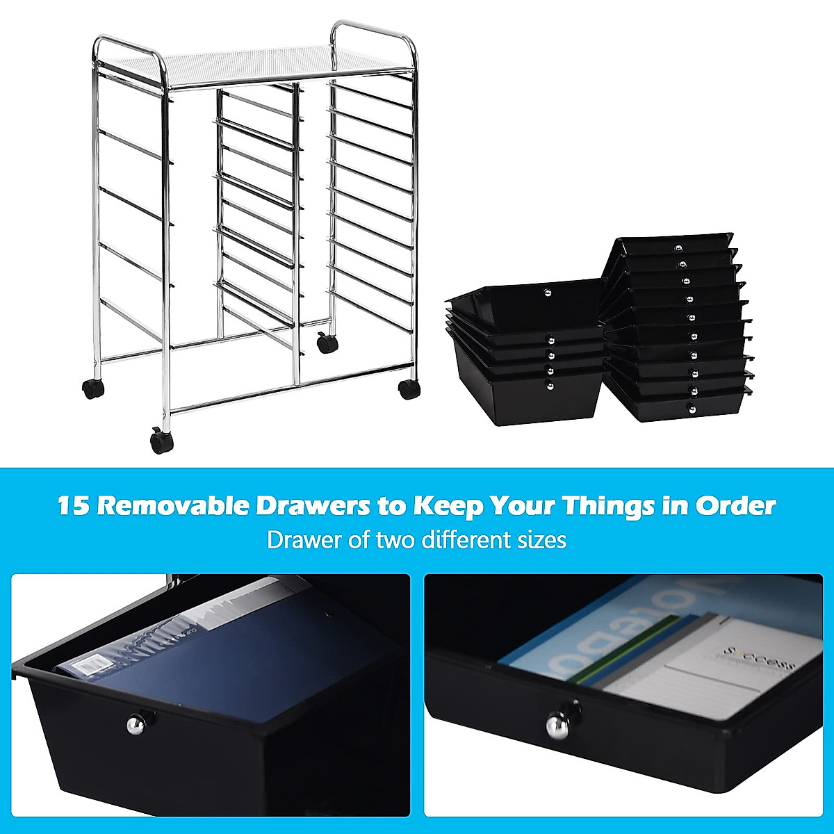 GOFLAME 15-Drawer Rolling Storage Cart, Multipurpose Movable Organizer Cart, Utility Cart for Home, Office, School, Black