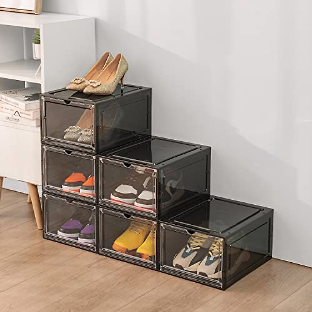 DEZENE Clear Stackable Shoe Storage Boxes: 6 Pack Balck Large Sturdy Plastic Shoe Organizer Containers for Closet, Drop Front Shoe Bins for Display Sneakers, Fit Shoe Size Up to US Men 12