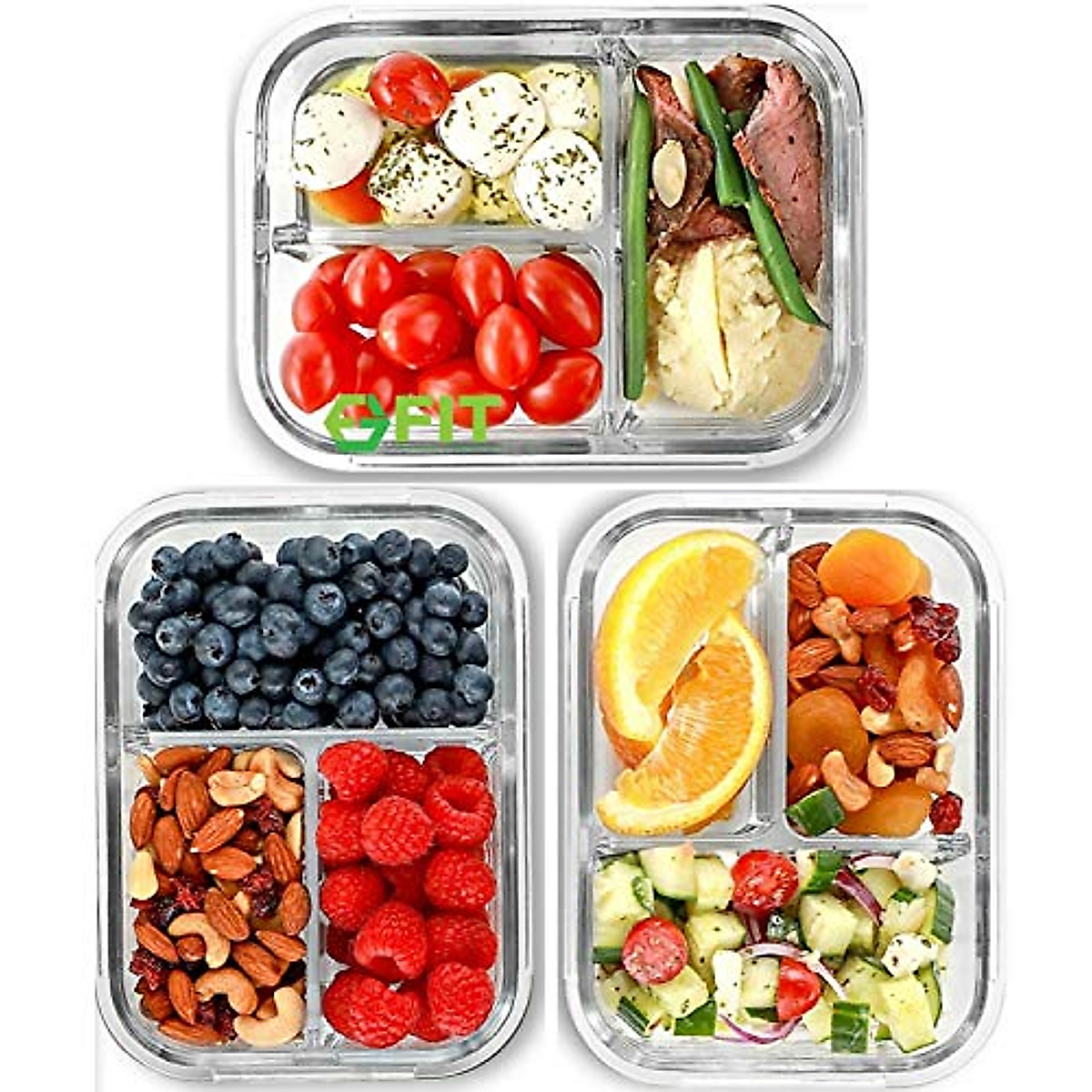 FIT Strong & Healthy 3 Compartment Glass Meal Prep Containers (3 Pack, 32 oz) - Glass Food Storage Containers with Lids, Glass Lunch Box, Glass Bento Box Lunch Containers, Portion Control, Airtight