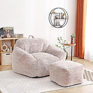 LITA Bean Bag Chair with Ottoman, Fur Faux Armrests Accent Chair High-Density Foam Filled Giant Lazy BeanBag Sofa with Pocket & Foot Stool for Living Room, Bedroom, Coffee