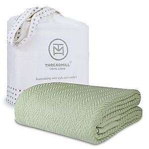 Threadmill Luxury Cotton King Size Blanket | All-Season Cozy Cotton Blankets for King Size Bed | Herringbone Soft Lightweight Fall Thermal Blanket fits California King Size Bed 106 x 92 | Sage Green