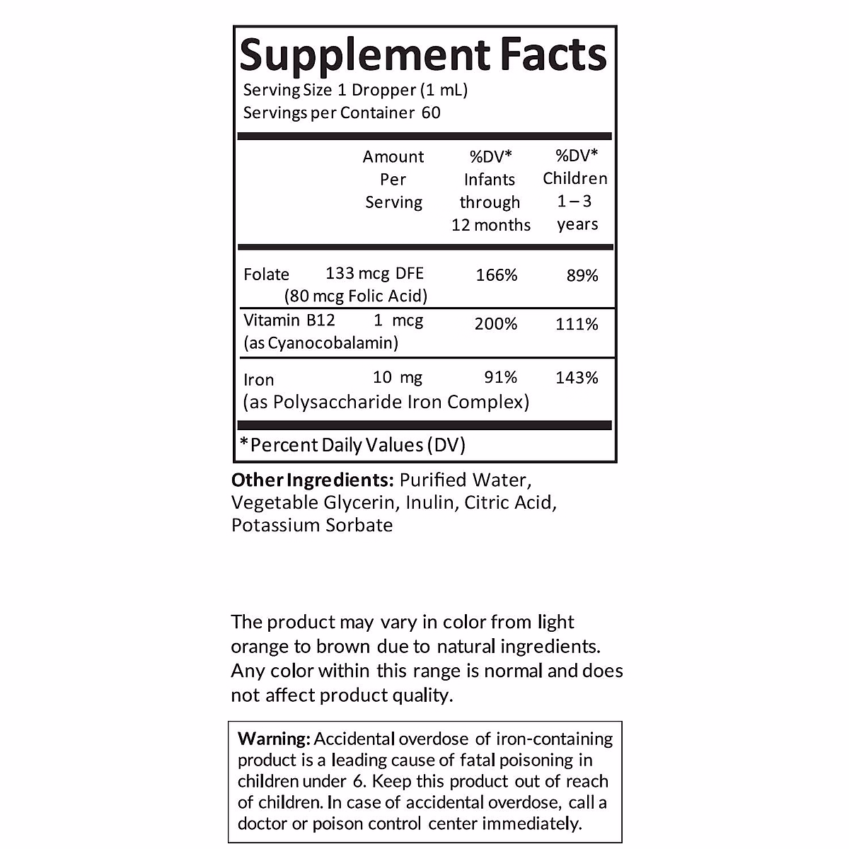 Kiddivit Baby Iron Liquid Drops with Vitamin B12 & Folate - 60 Daily Servings, 2 Fl Oz (60 mL) - Inulin Fortified (Prebiotic, Dietary Fiber) - Sugar Free, Gluten Free, Vegetarian Friendly