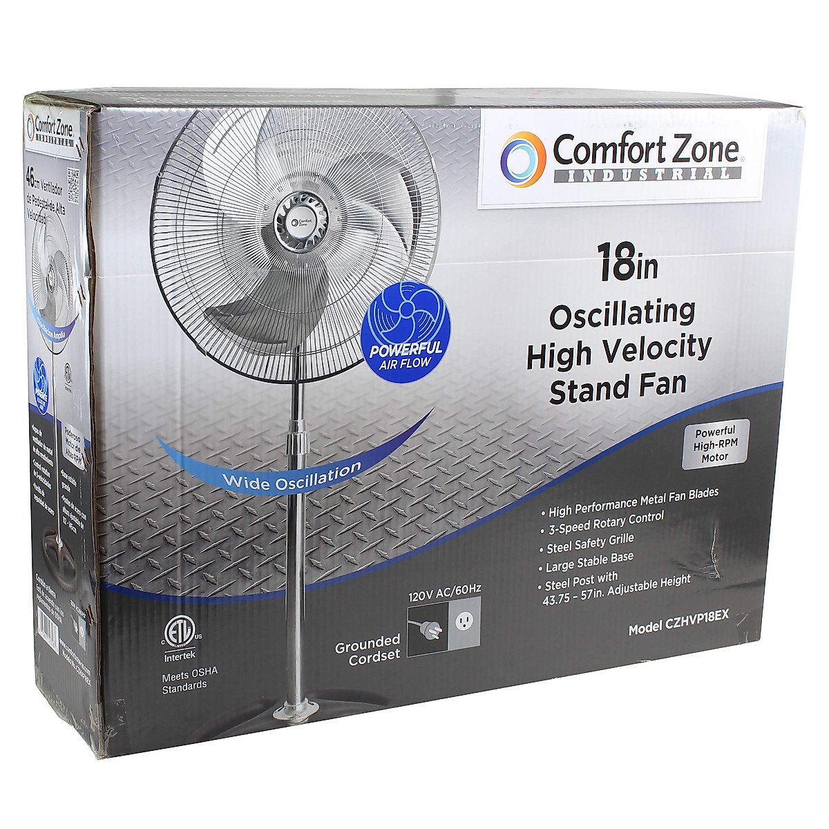Comfort Zone CZHVP18EX 18” 3-Speed High-Velocity Oscillating Industrial Pedestal Fan, All-Metal Construction, Adjustable Tilt, Adjustable Height, and Stable Base, Black