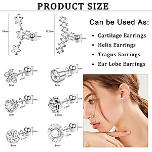 IRONBOX 18 Pcs 16G Cartilage Earrings Studs for Women Men Surgical Steel Tragus Couch Helix Piercing Jewelry Opal Flower Leaf CZ Cartilage Helix Earrings Silver