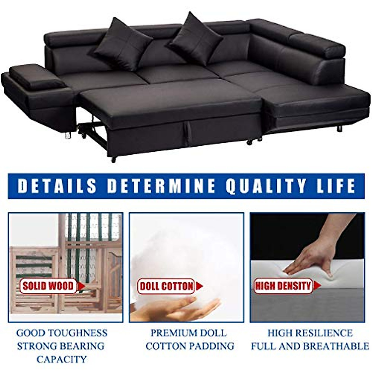 FDW Sofa Sectional futon Sofa Bed Sofa for Living Room Couches and Sleeper Sofa PU Leather Sofa Set Corner Modern Queen 2 Piece Contemporary Upholstered，Black
