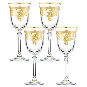 Lorren Home Trends Royal-Water Set of 4 Embellished 24K Gold Crystal Red Wine Goblets-Made in Italy, 4 Count (Pack of 1), Clear