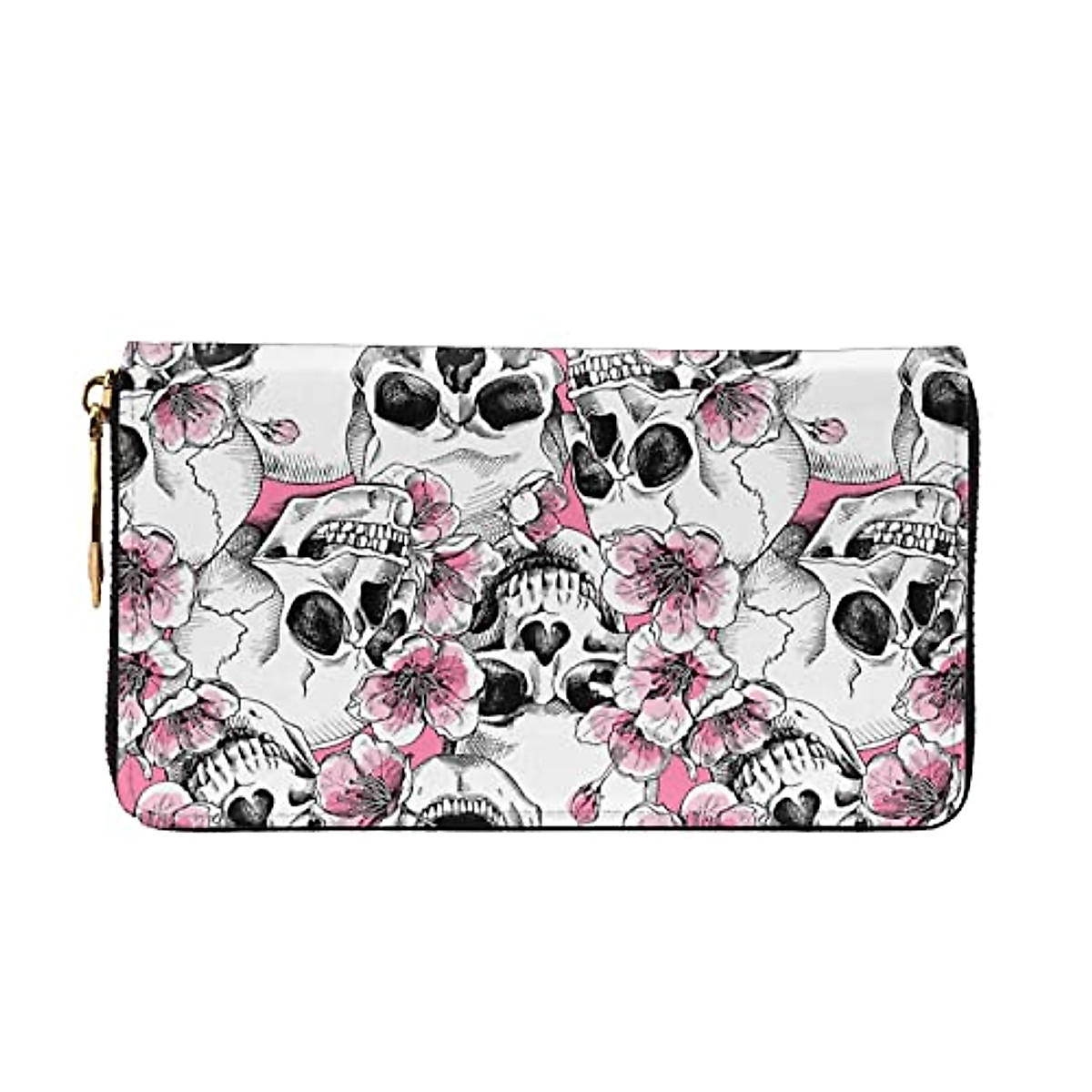 Thinye Wallet Women Pink Sakura and Skull Wallets Women Microfiber Leather Purse Zip Around Wallet for Women Card Holders Clutch