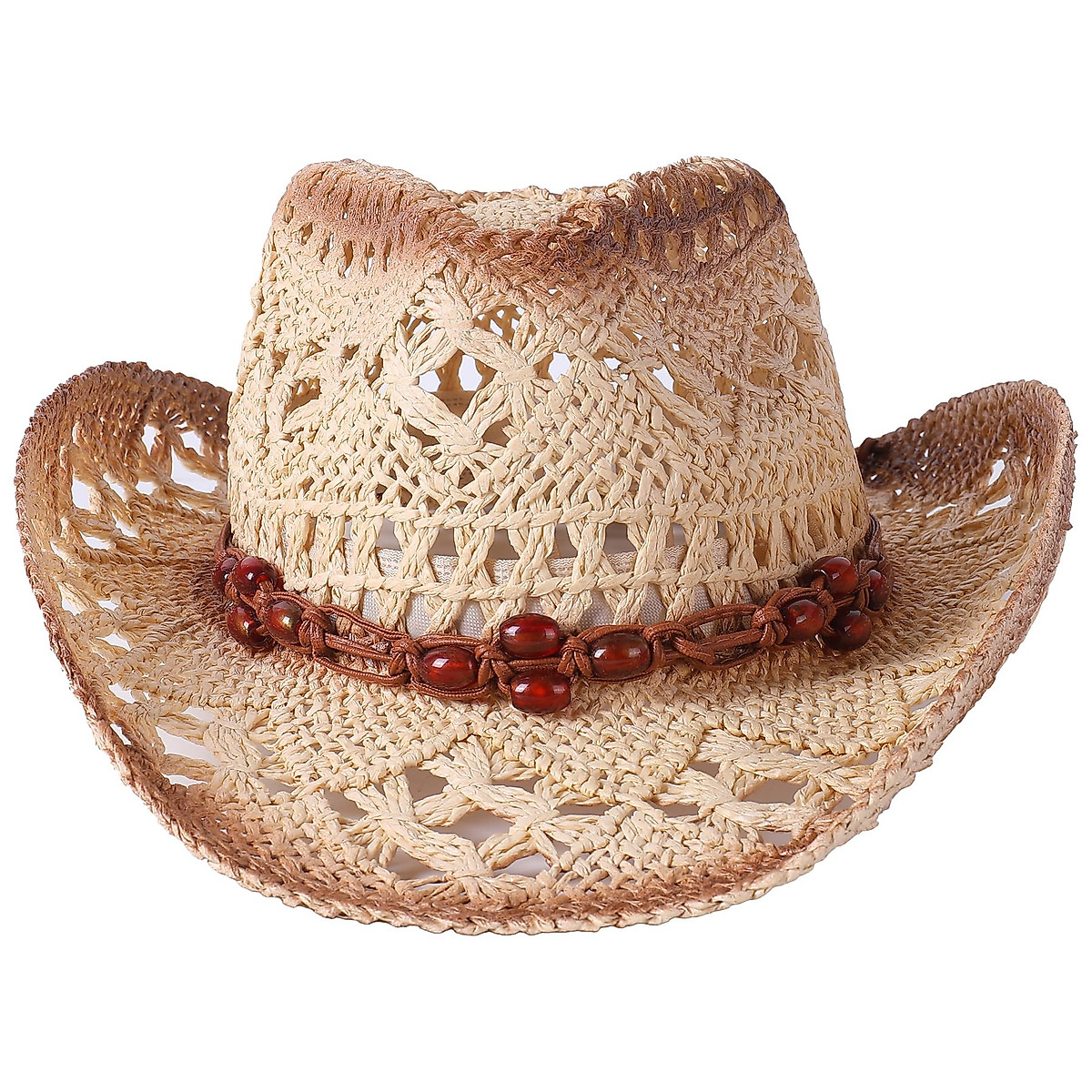 Lanzom Womens Straw Beach Sun Hat Packable Summer Cowboy Straw Hats with Wind Lanyard (US, Alpha, Medium, Brown Beads-Tea Stain)