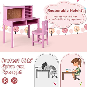 Costzon Kids Desk and Chair Set, Wooden Study Desk for Kids with Storage, Hutch, Cork Bulletin Board, Student Writing Computer Workstation, Kids Desk for Study Room, Bedroom, School, Pink
