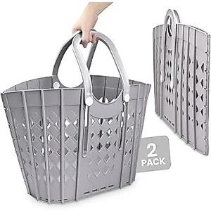 PATWING 2-Pack Collapsible Laundry Baskets, 41L Space Saving Foldable Laundry Basket, Large Plastic Laundry Basket, Collapsible Hamper with Handles for Home, Kids Room, Dorm (Triangle -Grey 2 pack)