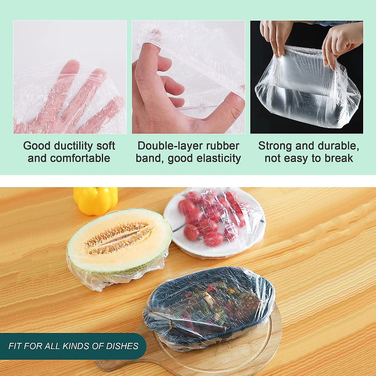 Plastic Bowl Covers Reusable, Food Cover for Outside Pack of 200, Fresh Keeping Bags, Plastic Wrap Stretch with Elastic for Outdoor Picnic, Kitchen