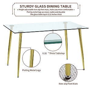 51 inch Glass Dining Table Set for 4, Dining Table & Chair Sets with Gold Plating Legs for Kitchen, Modern Rectangle Tempered Glass Table Top and Transparent Plastic Dining Chair for Dining Room